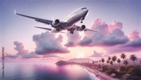 A Picturesque View Of A Flying Airplane Over A Tropical Beach With Palm