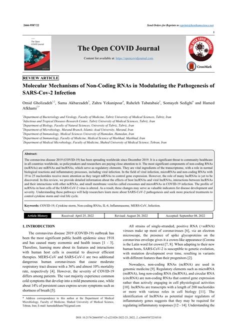 PDF Molecular Mechanisms Of Non Coding RNAs In Modulating The Pathogenesis Of SARS CoV Infection