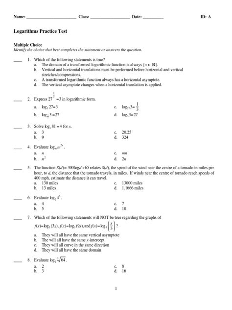 Logarithms Practice Test Pdf Logarithm Derivative