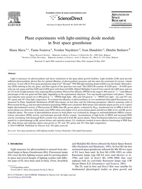 Pdf Plant Experiments With Light Emitting Diode Module In Svet Space Greenhouse