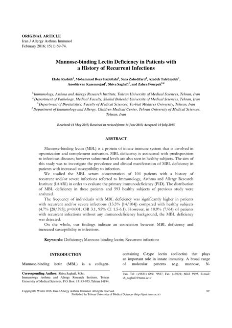 Pdf Mannose Binding Lectin Deficiency In Patients With A History Of Recurrent Infections