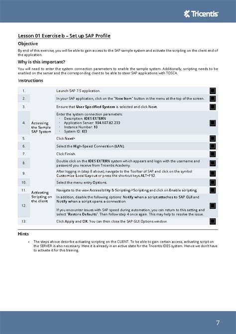 Exercise 1b V1 Tricentis Tosca 7 Lesson 01 Exercise B Set Up Sap