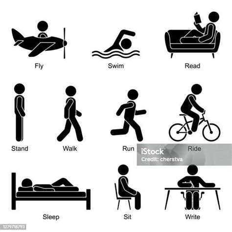 젊은 활성 컷 스틱 그림 남자 비행 수영 독서 서 걷기 가고 실행 승마 자고 앉아 흰색 배경에 설정 된 벡터 일러스트 그림 아이콘 을 작성 스틱피겨에 대한 스톡 벡터 아트