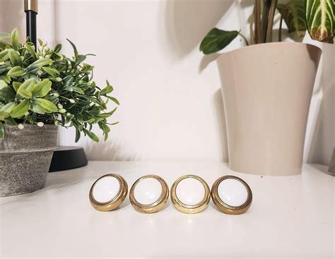 Vintage Antique Brass Drawer Knobs Milk White Porcelain Set Of 4 Mid