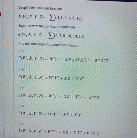 Solved Simplify The Boolean Function Fwxyz 0 1 2