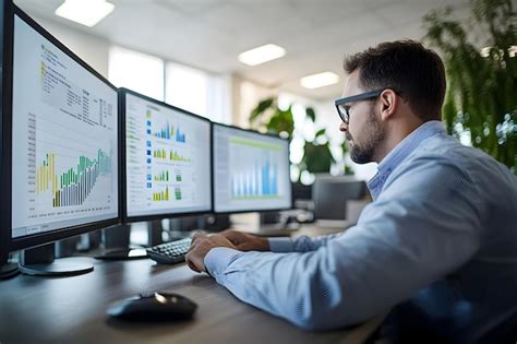 Professional Analyzing Energy Consumption Data On Multiple Screens In A Modern Office Premium
