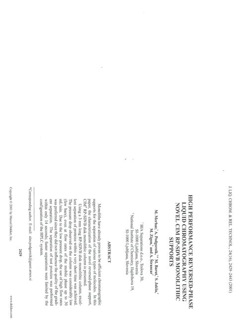 Pdf High Performance Reversed Phase Liquid Chromatography Using Novel Cim Rp Sdvb Monolithic