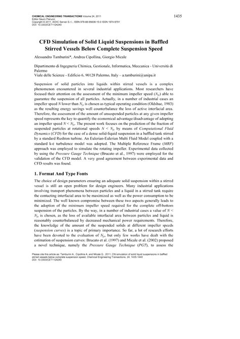 Pdf Cfd Simulation Of Solid Liquid Suspensions In Baffled Stirred Vessels Below Complete