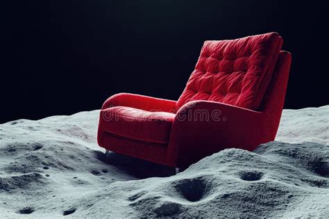 A Red Armchair On The Moon With Bumpy Surface And Dark Space Stock