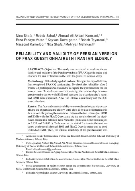 Pdf Reliability And Validity Of Persian Version Of Frax Questionnaire