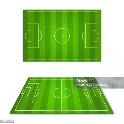 축구장 그린 축구 경기장 다른 카메라 각도 관점과 상단 보기 흰색 라인 마크 업 스포츠 게임 야외 경기장 벡터 사실적 고립 세트 3차원 형태에 대한 스톡 벡터 아트 및 기타