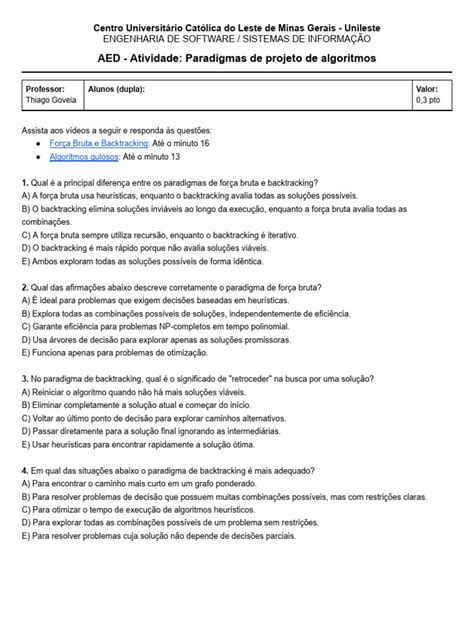 Aed Atividade Paradigmas De Projeto De Algoritmos Pdf