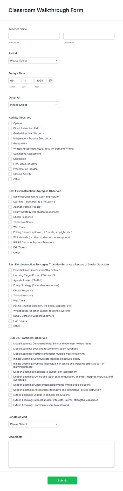 Classroom Walkthrough Template Form Template Jotform