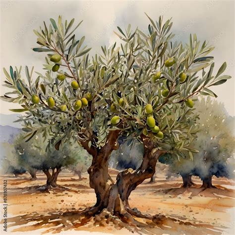 Watercolor Landscape Of A Green Olive Tree With Leaves An Illustration