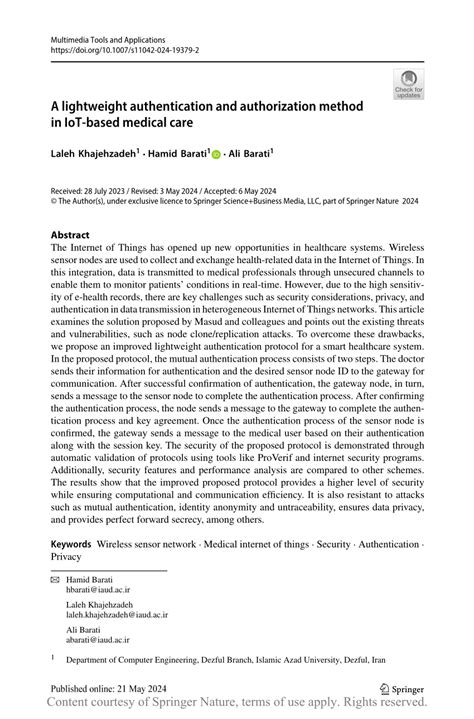 A Lightweight Authentication And Authorization Method In IoT Based Medical Care