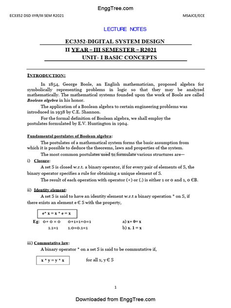 Ec3352 Digital Systems Design Lecture Notes 1 Pdf Boolean Algebra