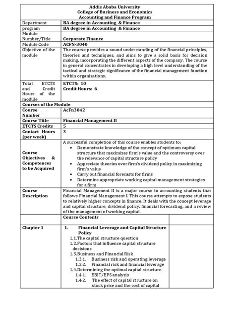 Fm Ii Course Outline Pdf Capital Structure Economics