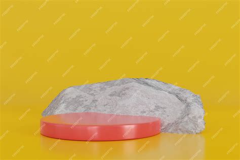 3d 렌더링 주황색 실린더 연단 스탠드에는 브랜드 제품 전시를 위한 천연 암석 원형 받침대가 있습니다 광고 디자인을 위한 모형 템플릿 프리미엄 사진