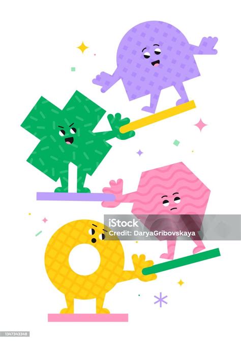 다른 얼굴 감정 십자가 반지와 육각형 아이들을위한 재미있는 포스터 아이디어와 귀여운 만화 기하학적 인물 다채로운 캐릭터 트렌디