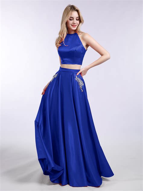 Two Piece Satin Prom Dress With Pockets Royal Blue Plus Size Babaroni