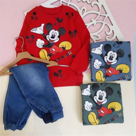 خرید و قیمت بلوز و شلوار لی بیرونی دخترانه و پسرانه سایز 40 طرح میکی کد