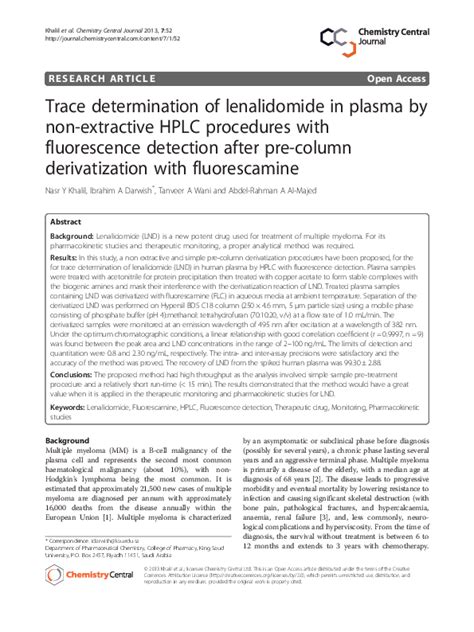 Pdf Trace Determination Of Lenalidomide In Plasma By Non Extractive Hplc Procedures With