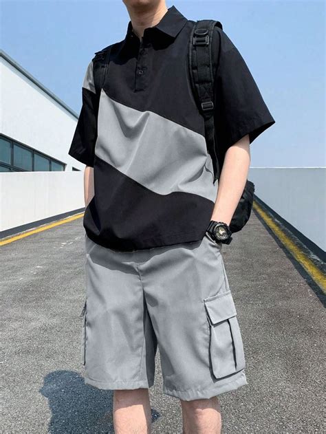 남성용 여름 캐주얼 대조 색상 스플라이싱 티셔츠 및 반바지 세트 작업복 In 2024 T Shirt And Shorts