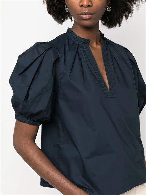 Ulla Johnson Puff Sleeve Cotton Blouse In Blue Modesens