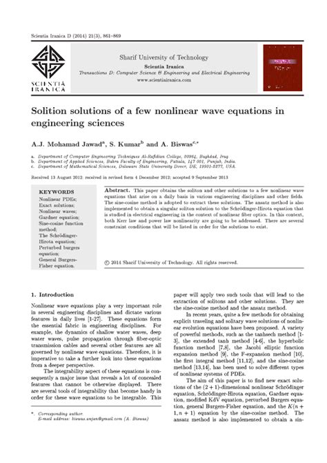 Pdf Solition Solutions Of A Few Nonlinear Wave Equations In Engineering Sciences