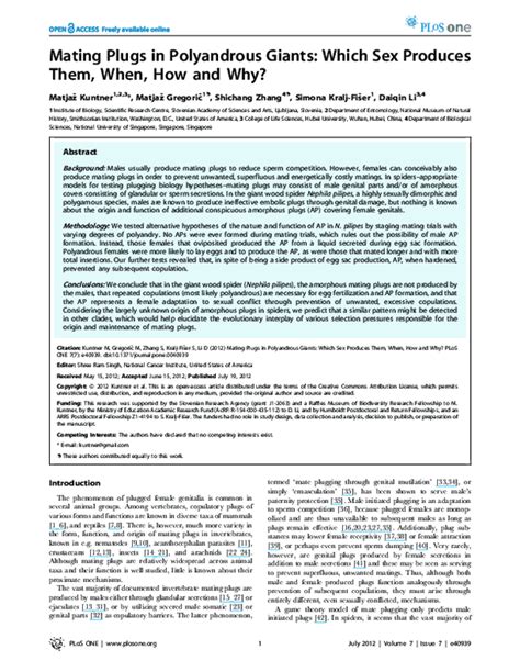 Pdf Mating Plugs In Polyandrous Giants Which Sex Produces Them When