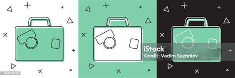 흰색과 녹색 검은 색 배경에 격리 된 여행 아이콘에 대한 가방을 설정합니다 여행 수하물 표지판 여행 수하물 아이콘 벡터 가능성에