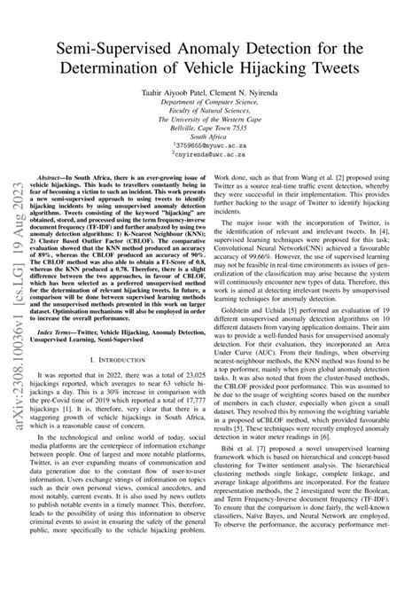 Semi Supervised Anomaly Detection For The Determination Of Vehicle Hijacking Tweets DeepAI