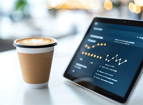 A Coffee Cup Placed Next To A Tablet Displaying Analytic Graphs And Data Perfect For