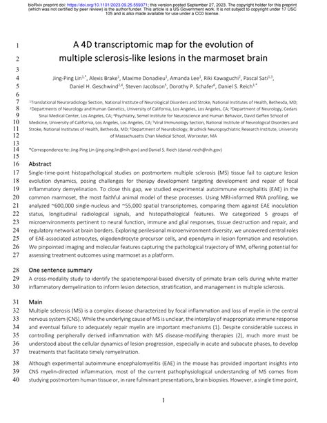 Pdf A 4d Transcriptomic Map For The Evolution Of Multiple Sclerosis Like Lesions In The