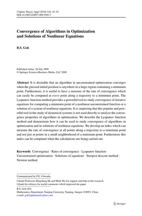 Pdf Convergence Of Algorithms In Optimization And Solutions Of