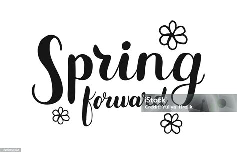 봄 앞으로 손으로 그린 서예 포스터 배너 소셜 미디어 인사말 카드에 꽃이 달린 검은 글자 흰색 배경에 고립된 손으로 쓴