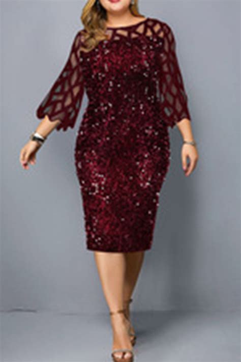 Wholesale Burgundy Elegant Solid Sequins Patchwork O Neck Straight Plus