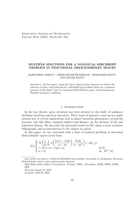 Pdf Multiple Solutions For A Nonlocal Kirchhoff Problem In Fractional Orlicz Sobolev Spaces