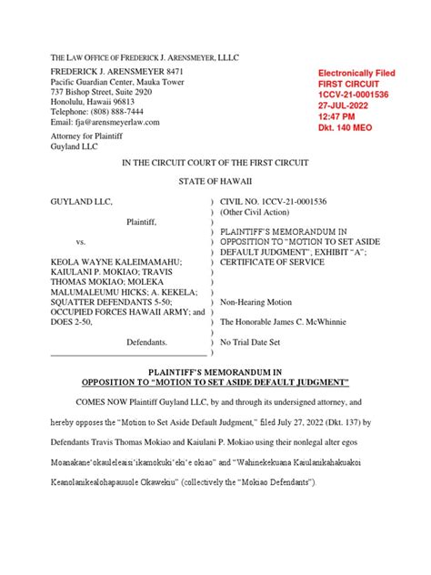 Guyland LLC's Memo in Opposition To The Motion To Set Aside Default Judgement | PDF | Default ...