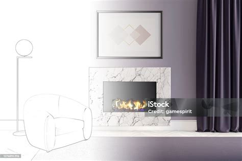스케치는 흰색 대리석 벽난로 위에 수평 포스터 분홍색 안락의자 옆에 현대적인 램프 쪽모이 세공 바닥에 보라색 카펫과 커튼이있는 진정한 아늑한 거실이됩니다 0명에 대한 스톡