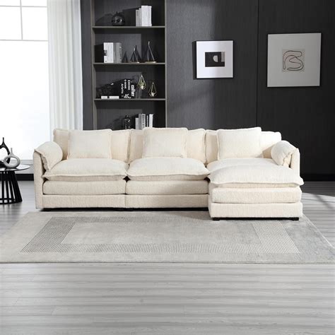 L Shaped Corner Modular Sectional Sofa Couch With Movable Ottoman And 3 Pillows