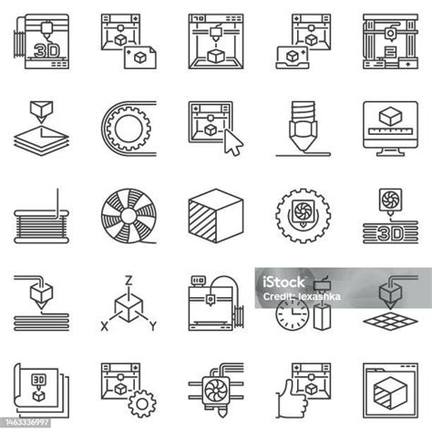 3d 인쇄 개념 개요 아이콘 세트벡터 프린터 선형 기호 생활필수품에 대한 스톡 벡터 아트 및 기타 이미지 생활필수품 아이콘 판화 일러스트레이션 기법 Istock