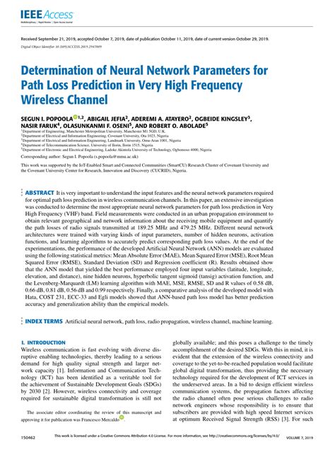 Pdf Determination Of Neural Network Parameters For Path Loss Prediction In Very High Frequency