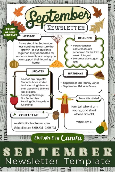 September Newsletter Newsletter Template Editable Newsletter Monthly