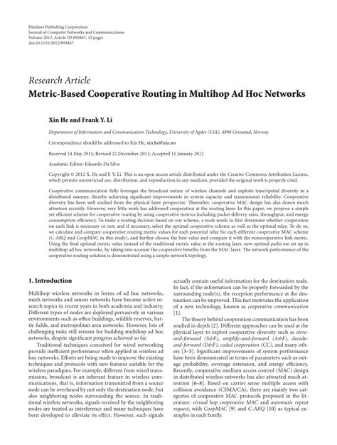 pdf metric based cooperative routing in multihop ad hoc networks