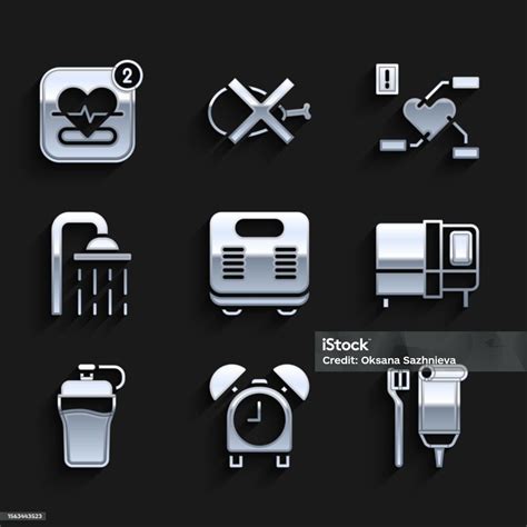 욕실 저울 알람 시계 칫솔 및 치약 침대 피트니스 셰이커 샤워 헤드 주의 건강 심장 및 속도 아이콘이 있는 모바일을 설정합니다 벡터 가구에 대한 스톡 벡터 아트 및 기타