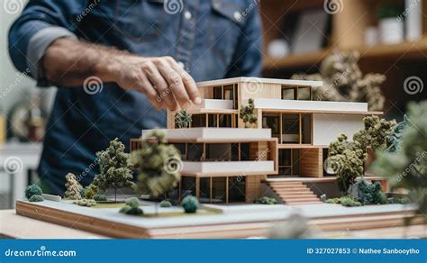 Architect Working On A Detailed Architectural Model Of A Modern House With Greenery Around In A