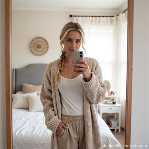 Woman Taking Mirror Selfie In Cozy Modern Bedroom Stable Diffusion Online