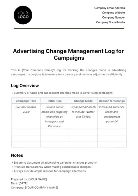 Free Change Log Templates Editable And Printable