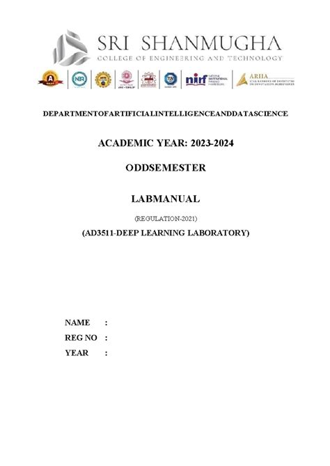 Ad3511 Deep Learning Lab Department B Artificial Intelligence And Data Science Laboratory